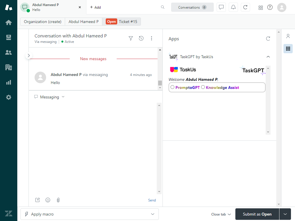TaskGPT by TaskUs App Integration with Zendesk Support