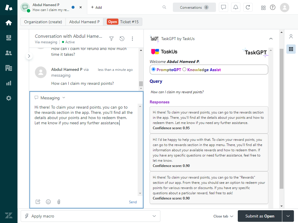 TaskGPT by TaskUs App Integration with Zendesk Support